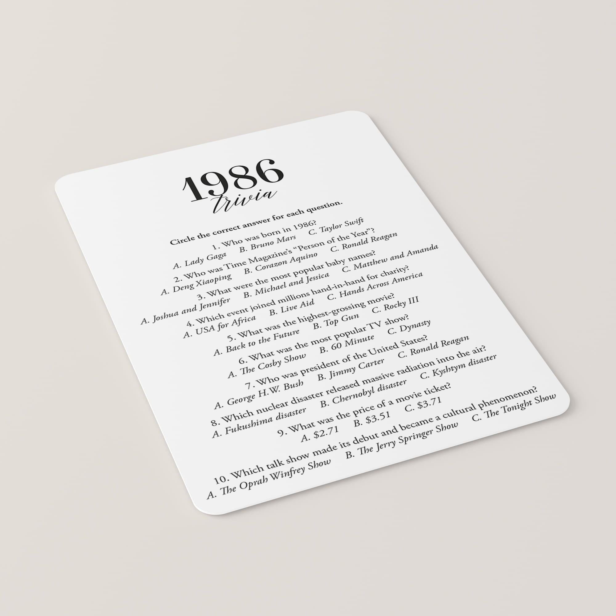 1986 Quiz Printable Fun Facts About 1986 40th Birthday Game Trivia Back ...