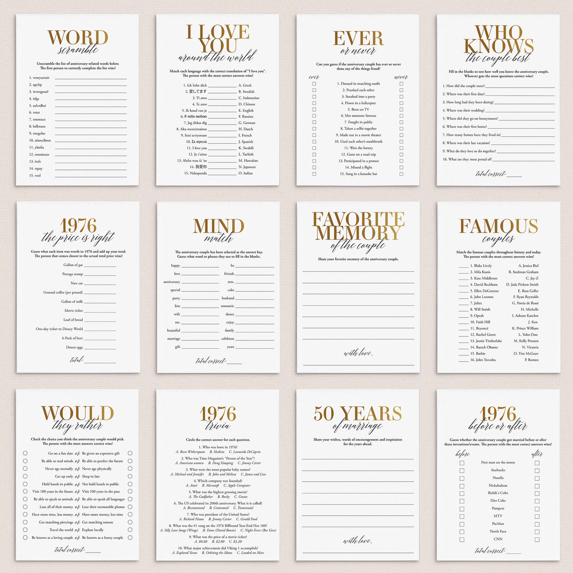 50th Anniversary Party Games Printable Married in 1976 Games Bundle ...