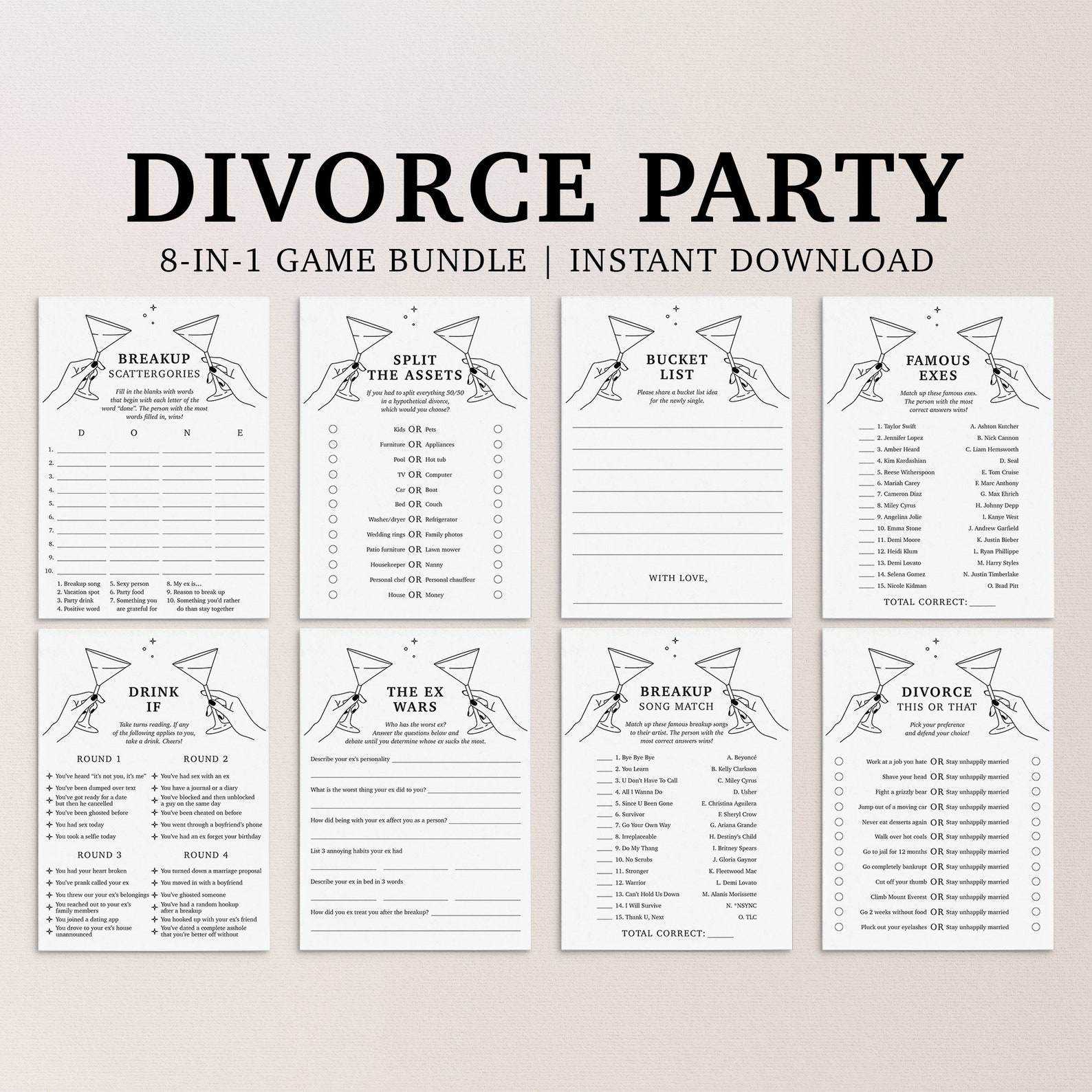 Divorce Party Games Bundle Printable Breakup Party Games - Etsy
