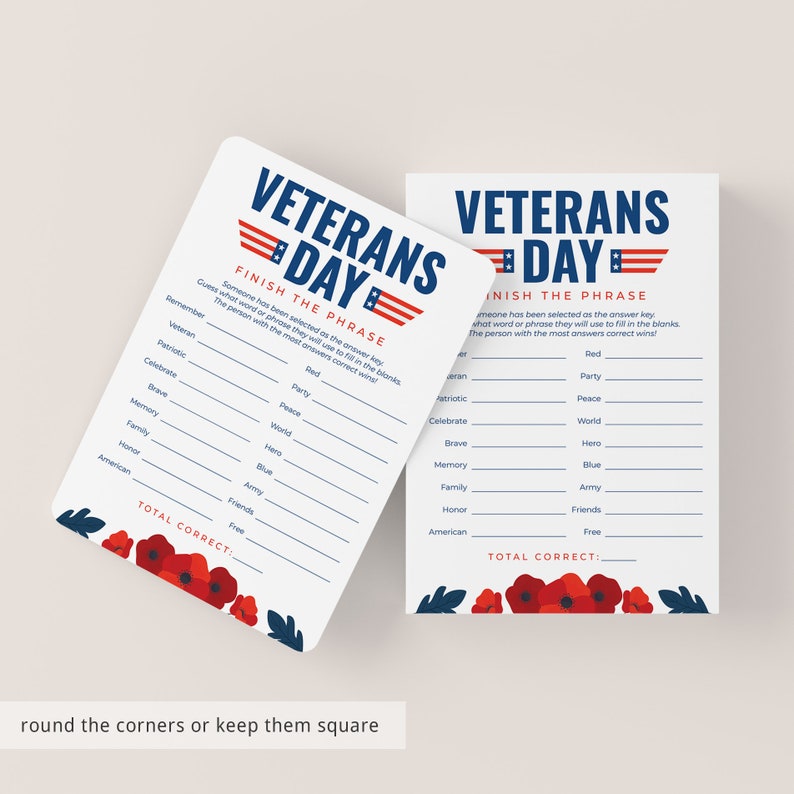 Veterans Day Games Bundle Printable Veterans Day Cards Digital Download ...