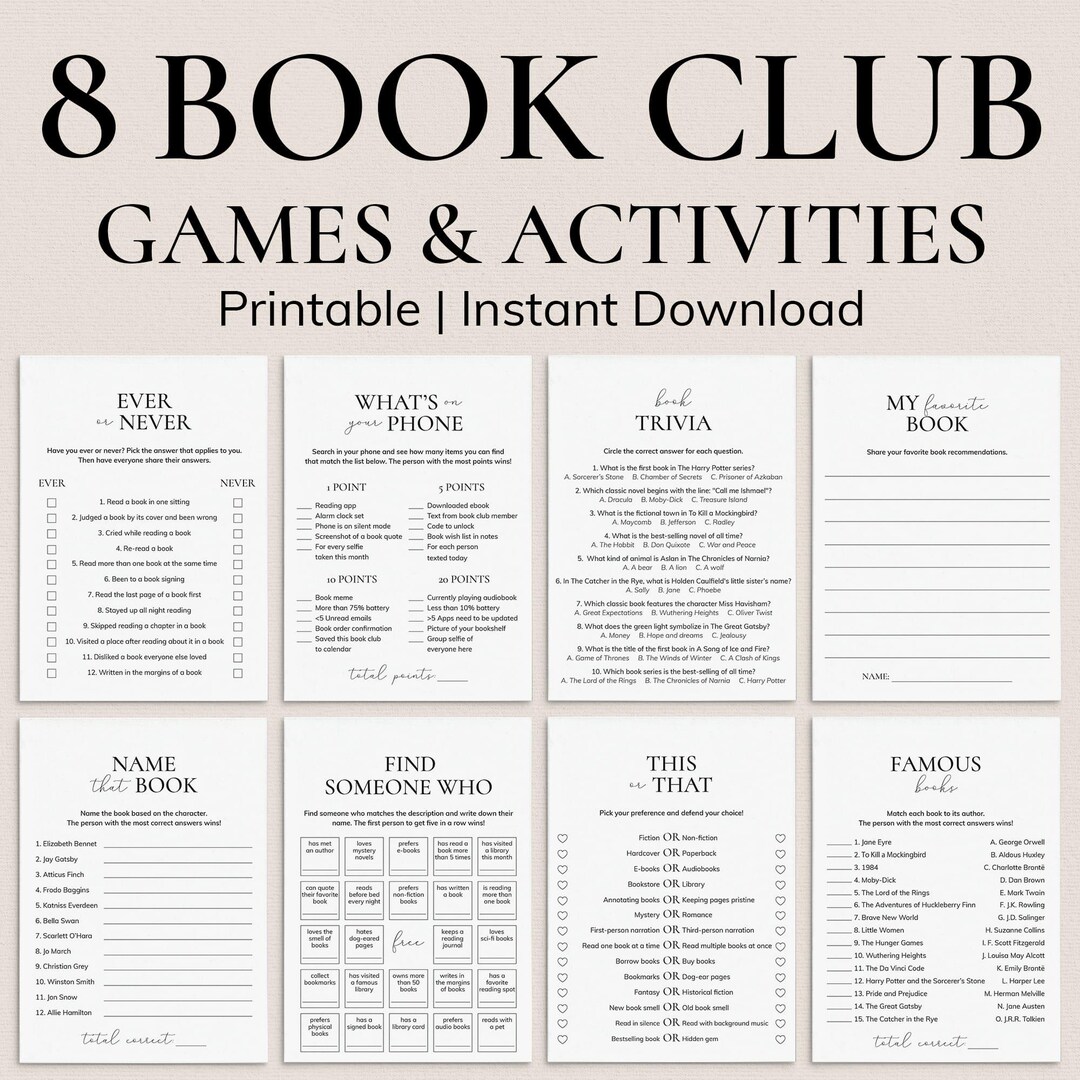 Book Club Games Printable Icebreakers for Book Club Party Reading Group ...