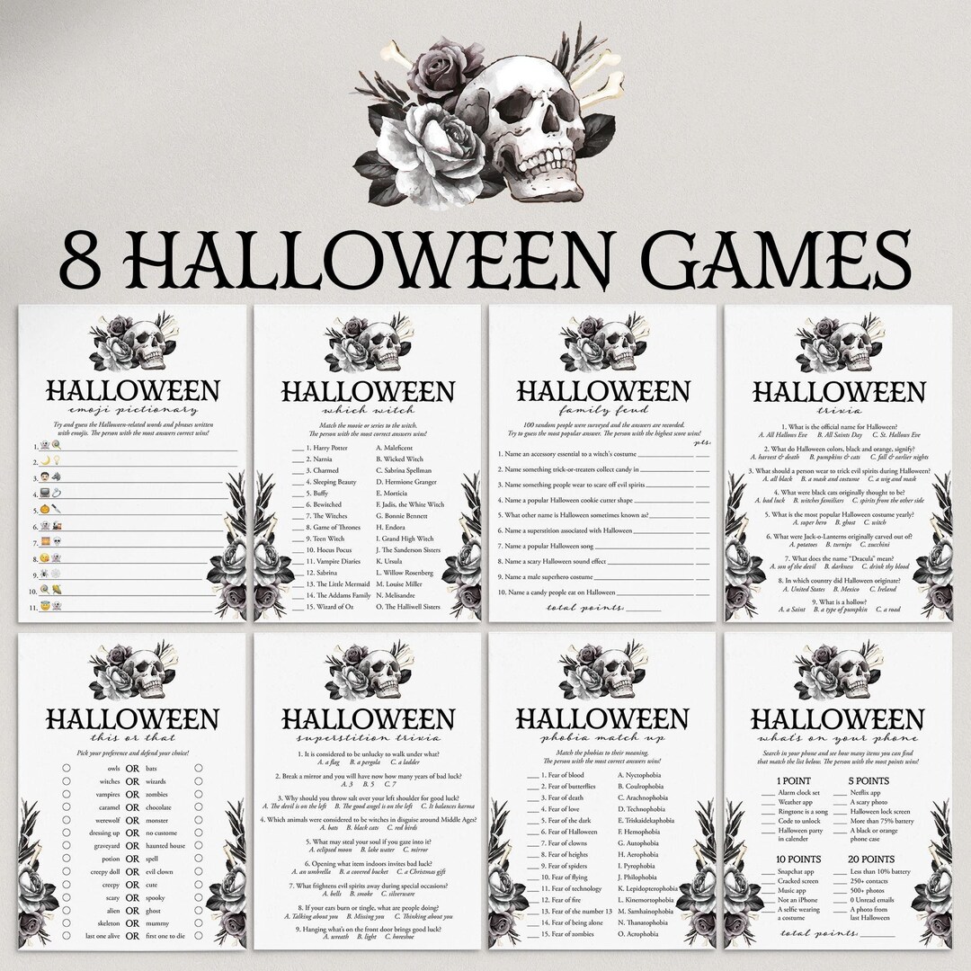 Gothic Halloween Party Games Printable Black Goth Halloween Games ...