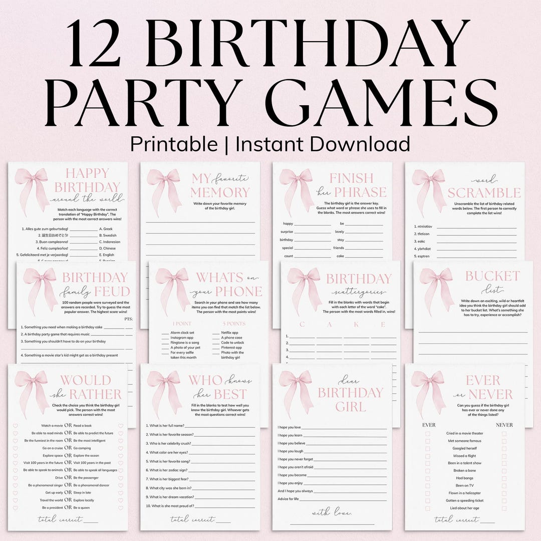 Bow Birthday Games for Her Pink Coquette Birthday Party Games Printable ...