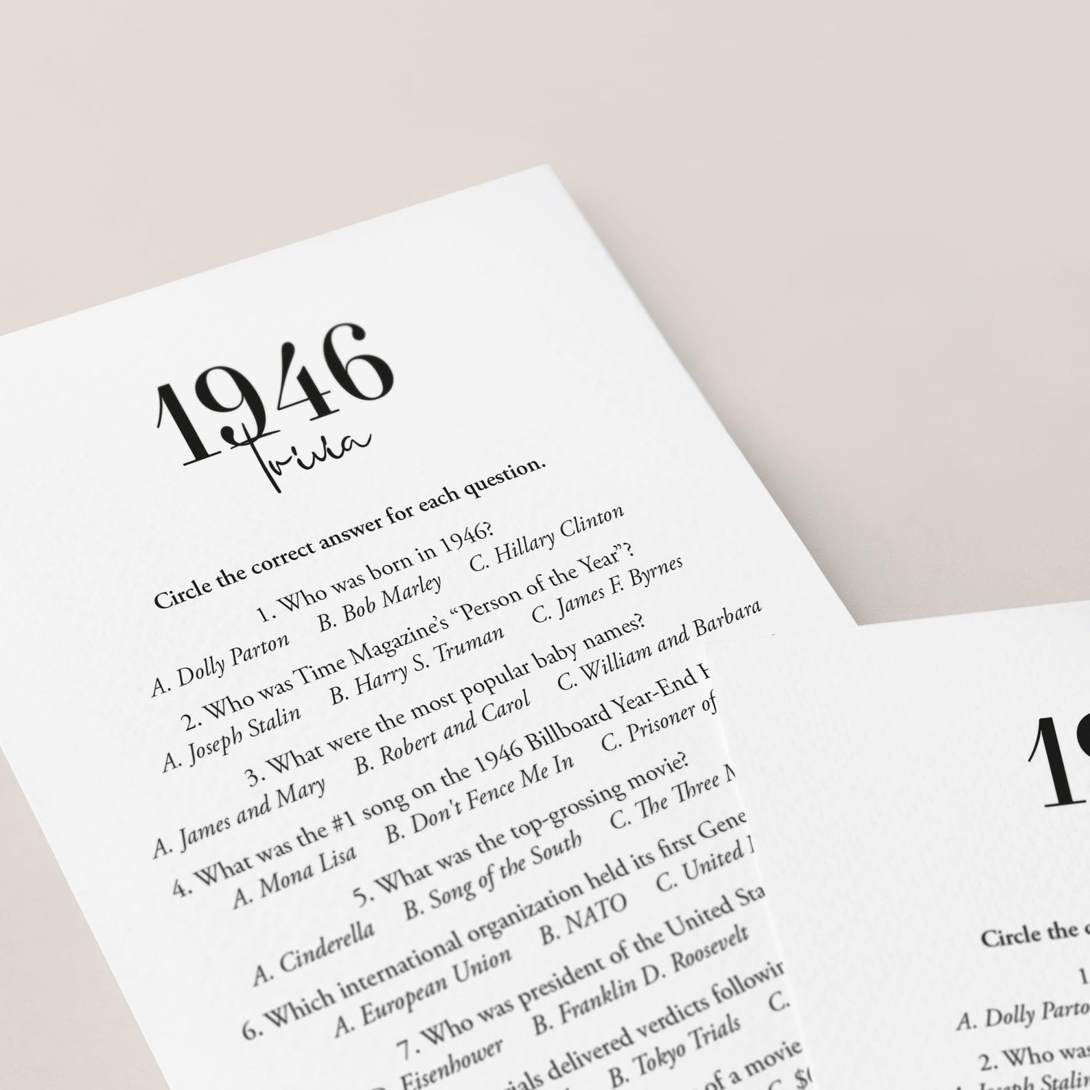 1946 Trivia Printable 80th Birthday Game Born in 1946 Quiz 80 Birthday ...