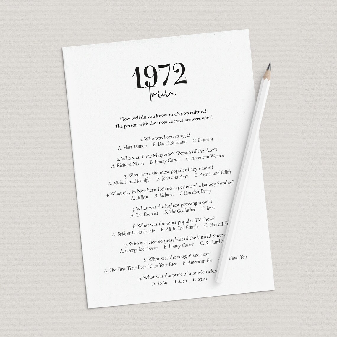 1972 Trivia Printable 70s Quiz 51st Birthday Party Game Back - Etsy