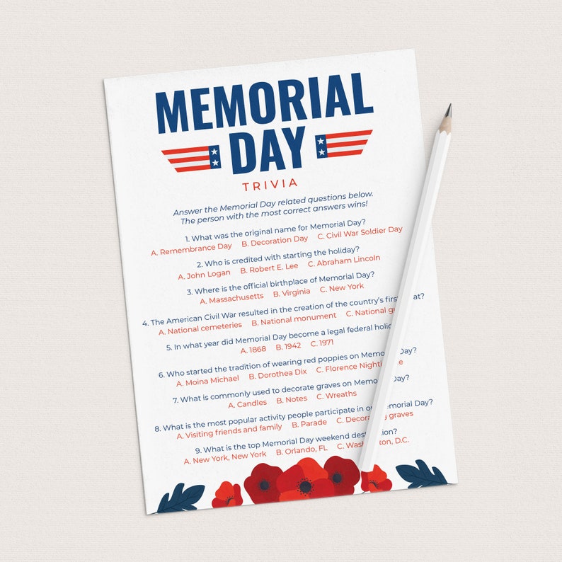 Memorial Day Trivia Printable Memorial Family Game Night - Etsy