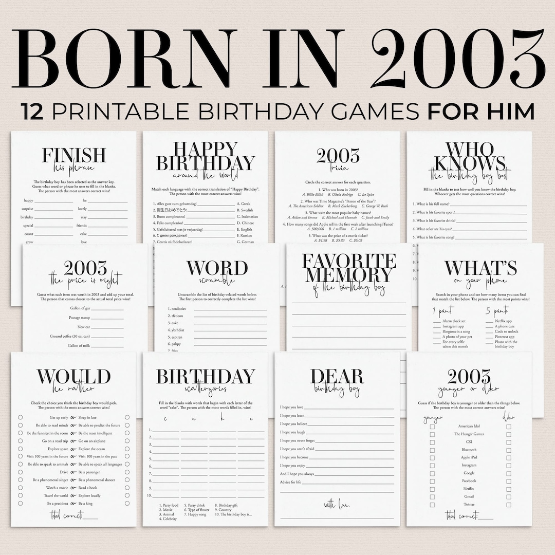 21st Birthday Games Bundle Printable 2003 Birthday Party Games for Him ...