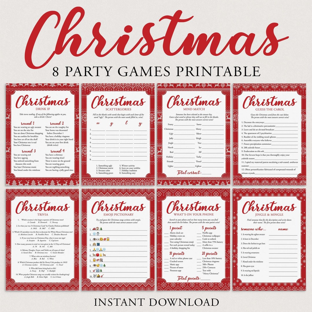 Ugly Christmas Sweater Games Bundle Printable Red Christmas Games ...