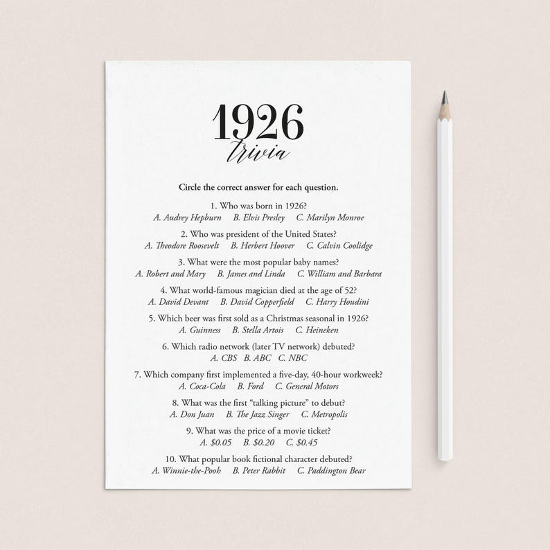 1926 Trivia Printable 100th Birthday Party Game Back to the 20s Party ...