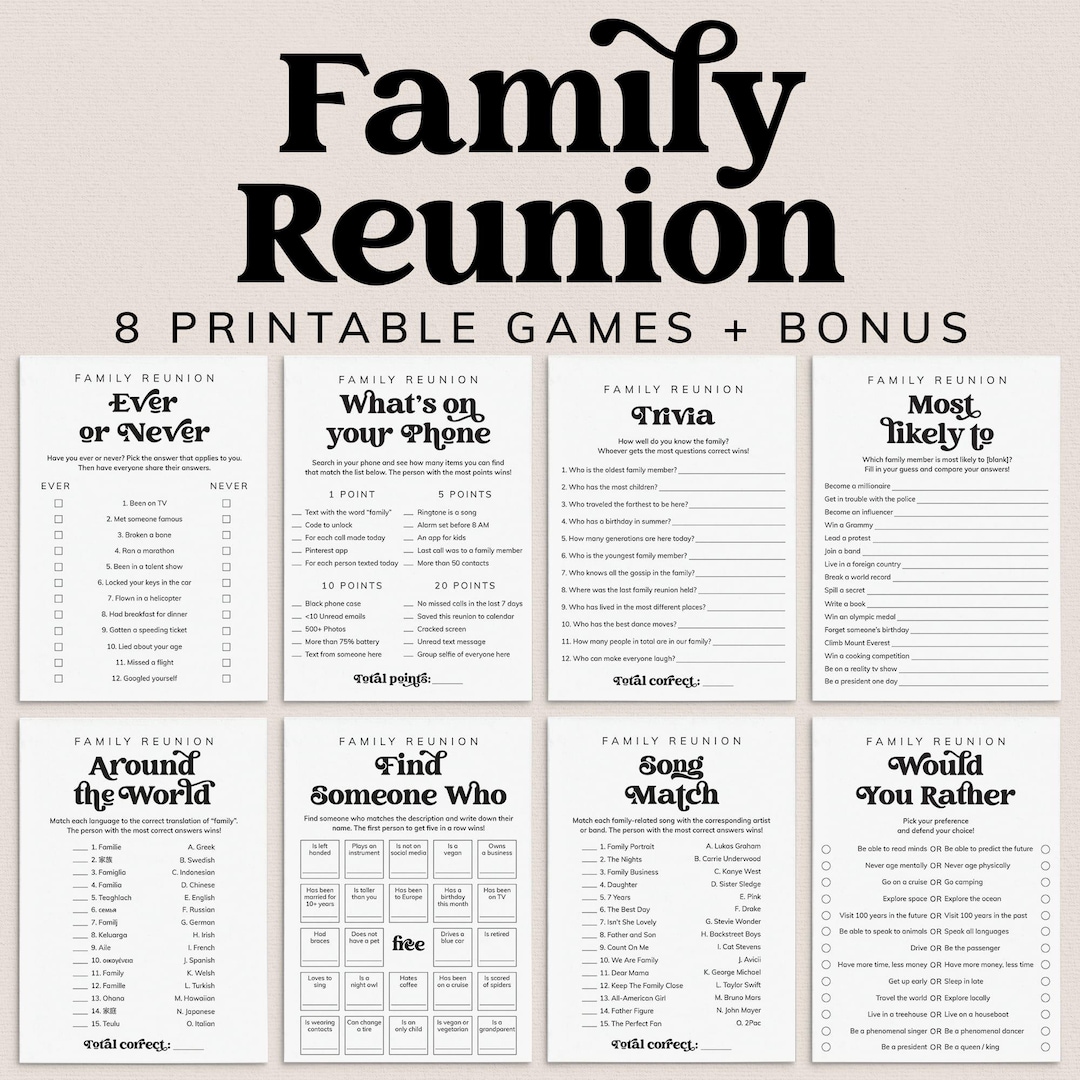 Printable Family Reunion Games Bundle Family Reunion Party Games Family ...
