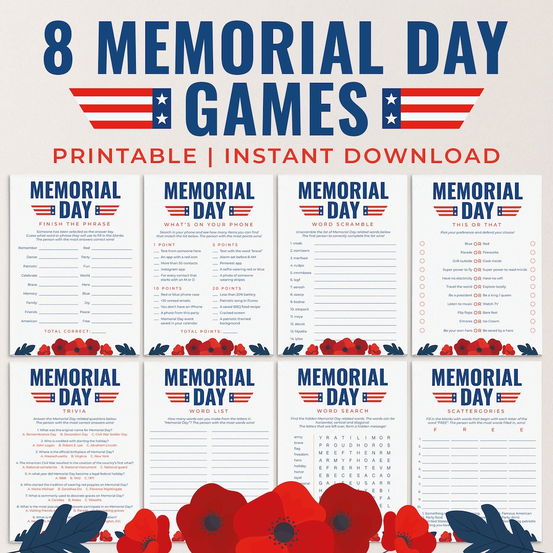 Memorial Day Games Printable Memorial Day Party Game Bundle Digital ...
