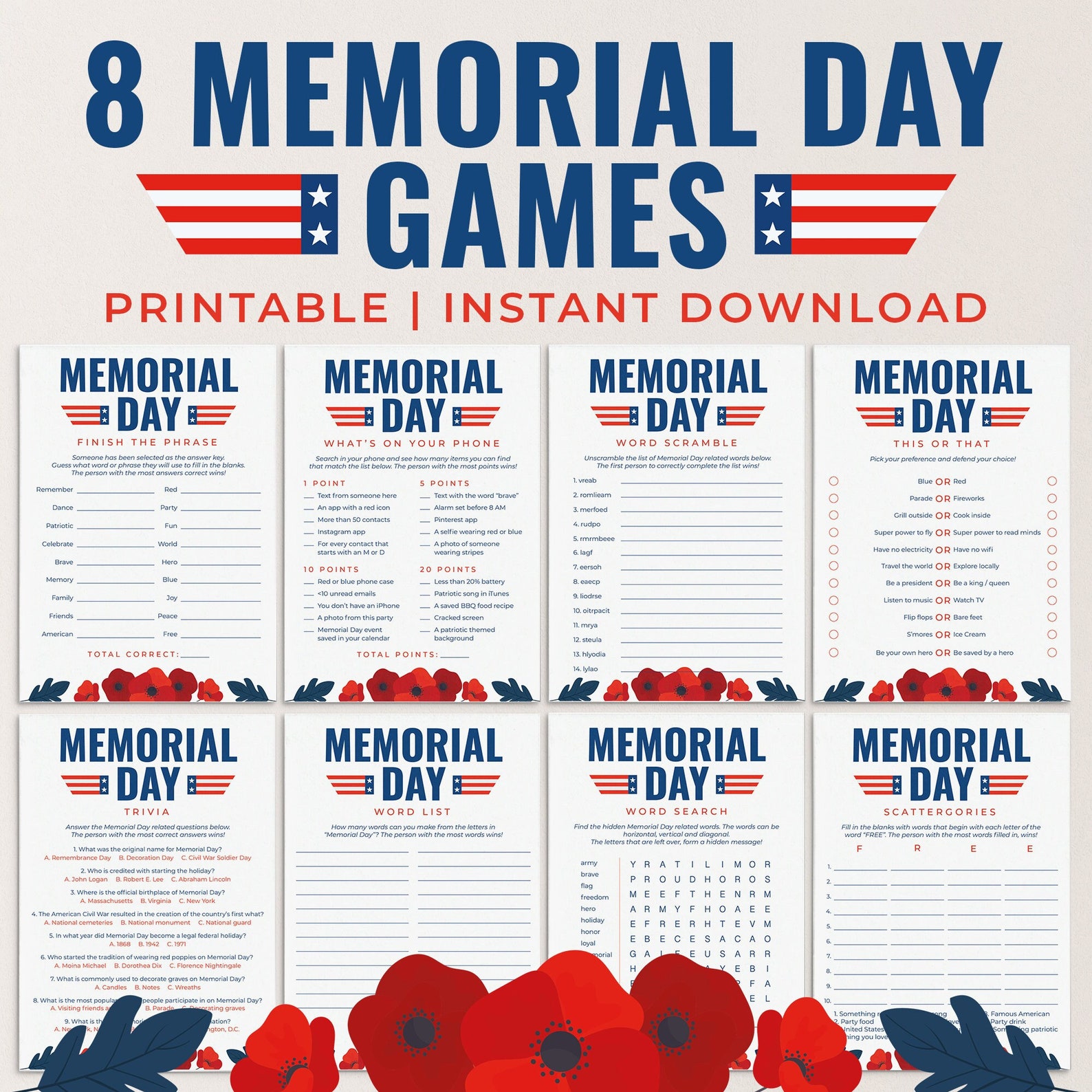 Memorial Day Games Printable Memorial Day Party Game Bundle Digital ...