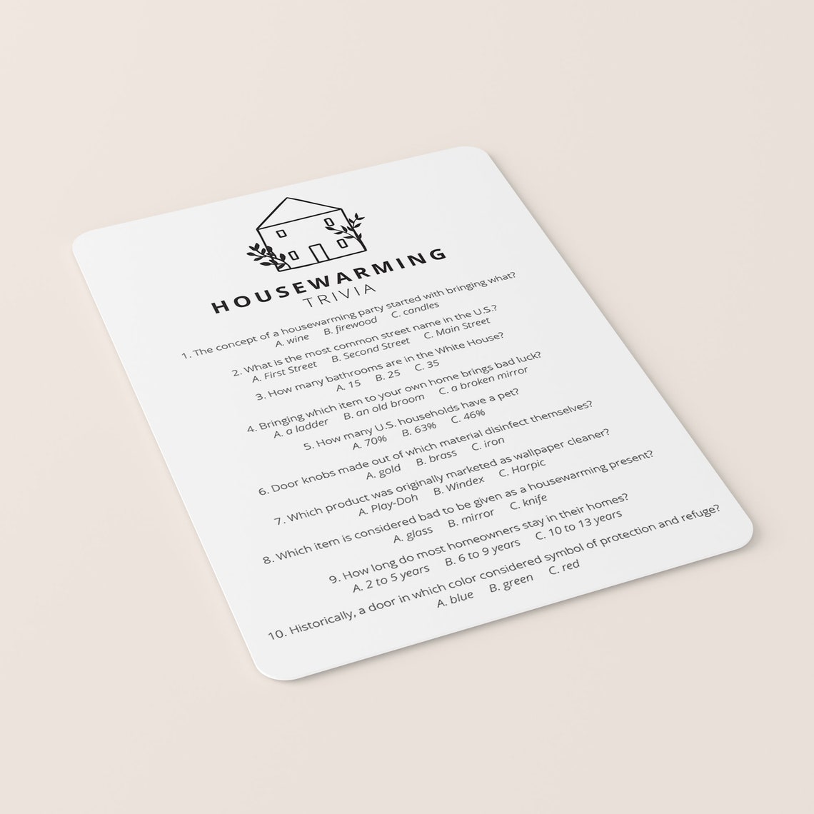Housewarming Trivia Printable House Trivia Quiz With Answers - Etsy