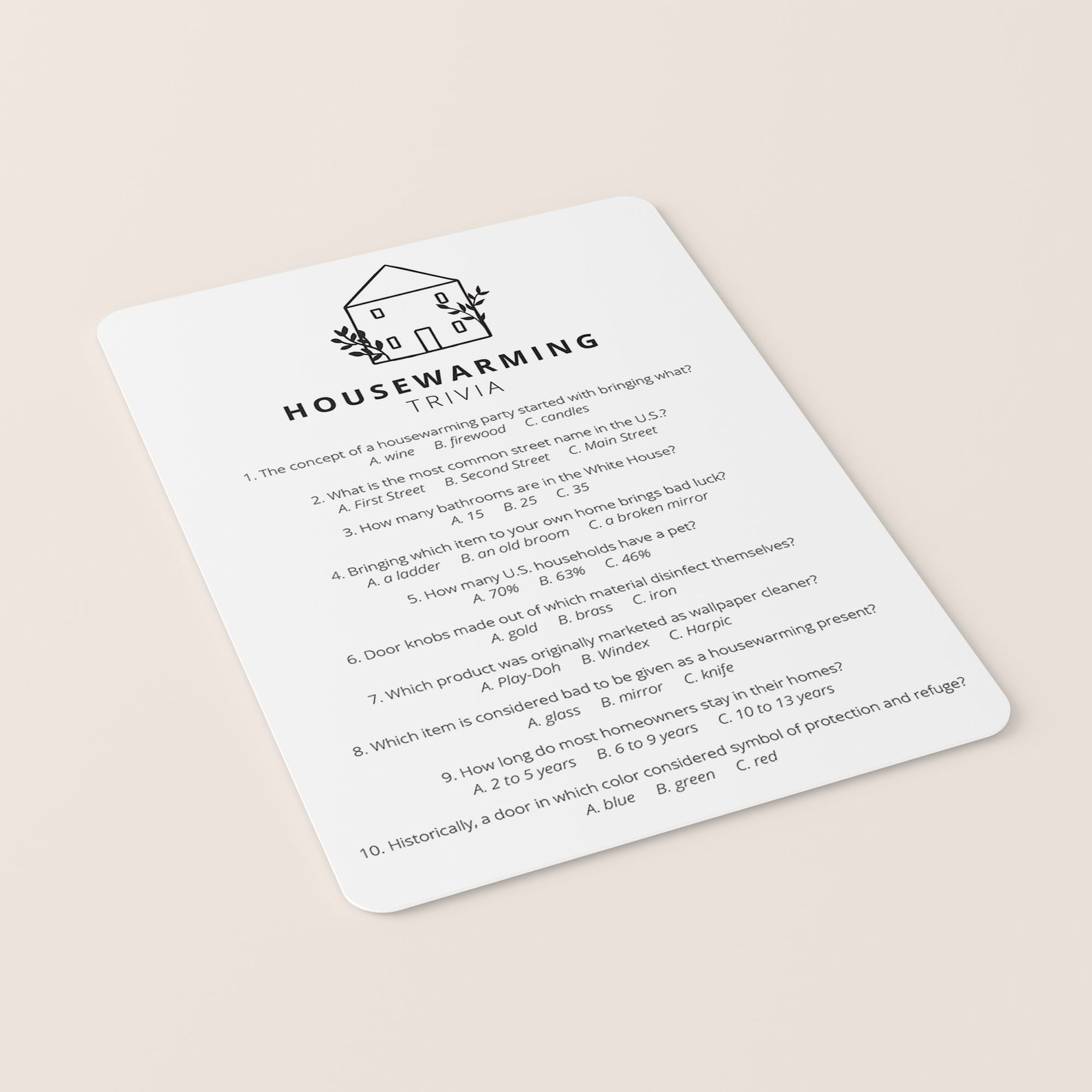 Housewarming Trivia Printable House Trivia Quiz With Answers - Etsy