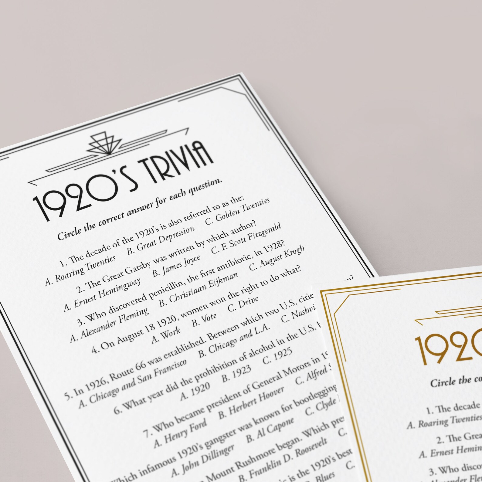 1920s Trivia Printable 1920's Gatsby Party Game Speakeasy Party Decor ...