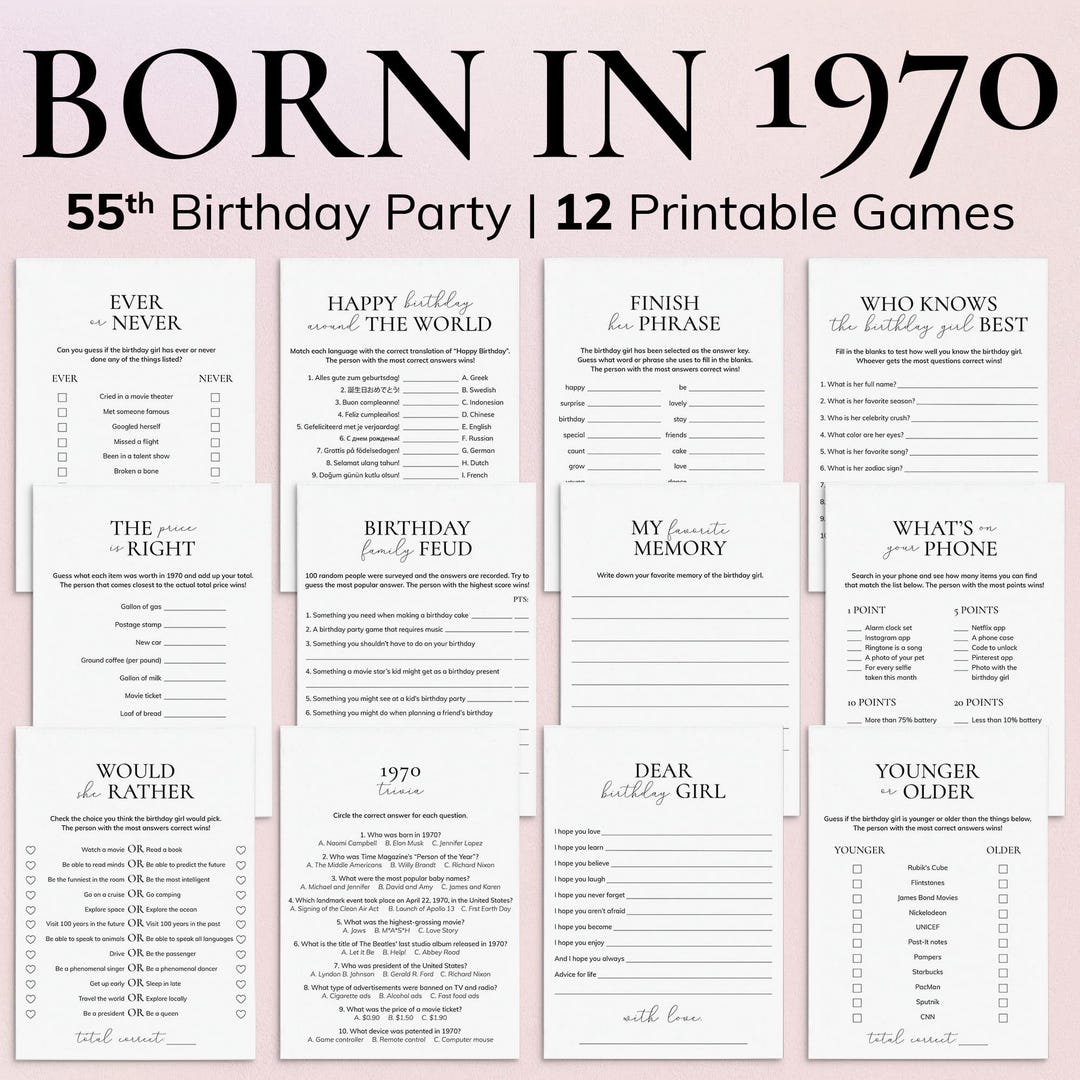 55th Birthday Games Bundle for Her Born in 1970 55th Birthday Party ...