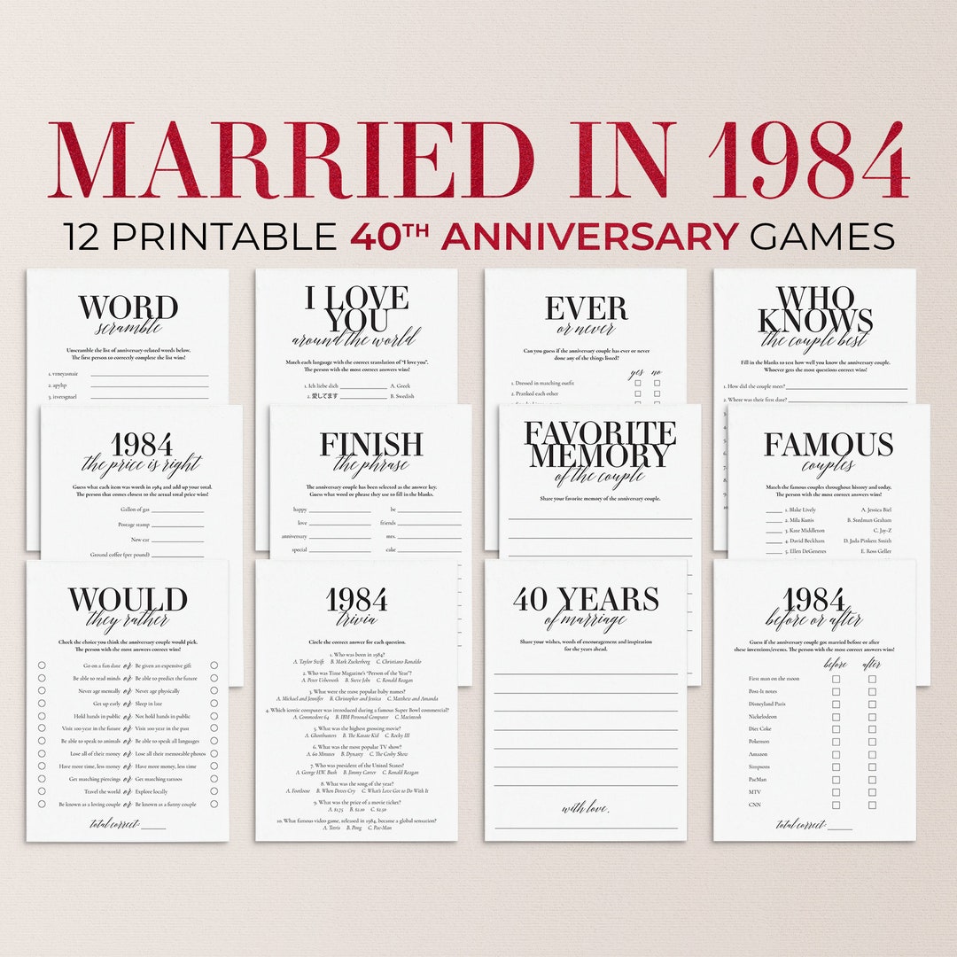 40th Anniversary Party Games Printable Married in 1984 Games Bundle ...