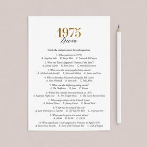 1975 Trivia Quiz Printable Gold 50th Birthday Game Born in 1975 Over ...