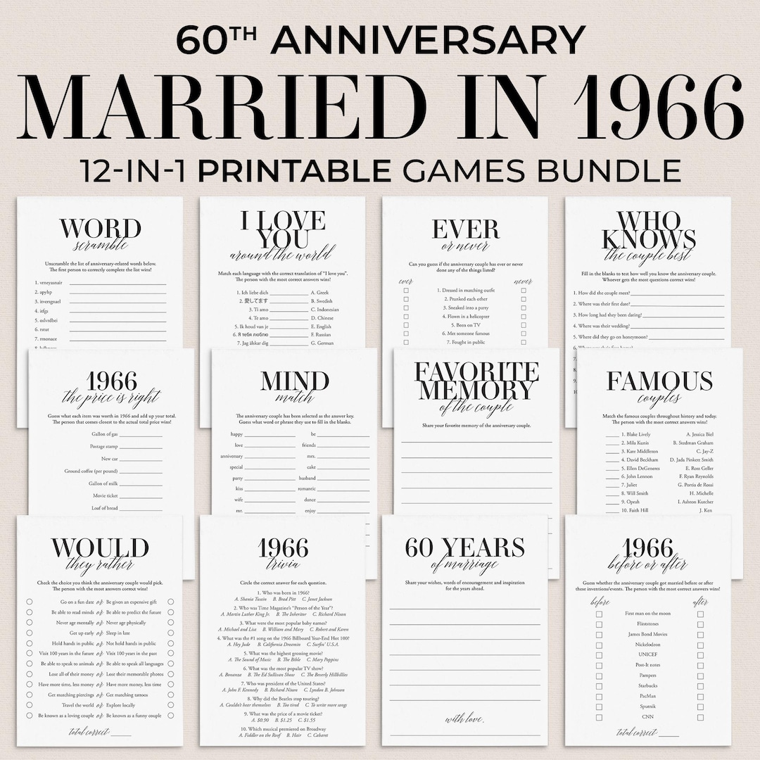60th Anniversary Games Printable Married in 1966 Games Bundle Diamond ...