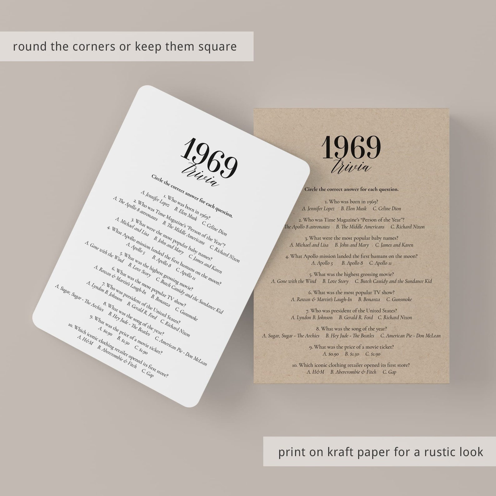 1969 Trivia Printable 60s Quiz 55th Birthday Party Game Back to the 60s ...