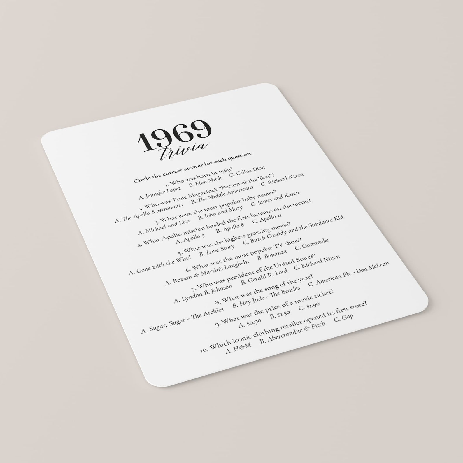 1969 Trivia Printable 60s Quiz 55th Birthday Party Game Back to the 60s ...