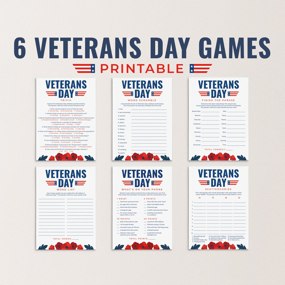Veterans Day Games Bundle Printable Veterans Day Cards Digital Download ...