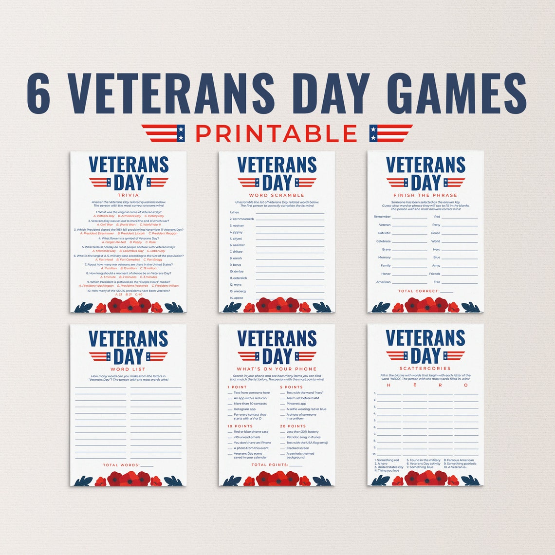 Veterans Day Games Bundle Printable Veterans Day Cards Digital - Etsy