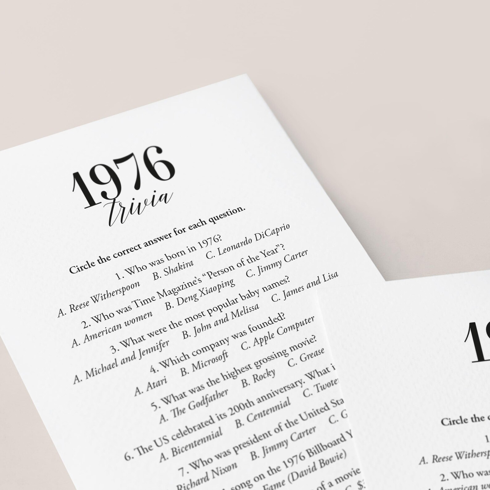 1976 Trivia Printable 50th Birthday Party 1976 Games Back in 1976 Party ...