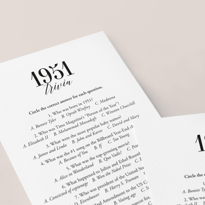 1951 Trivia Printable 75th Birthday Game Born in 1951 Quiz 75th ...