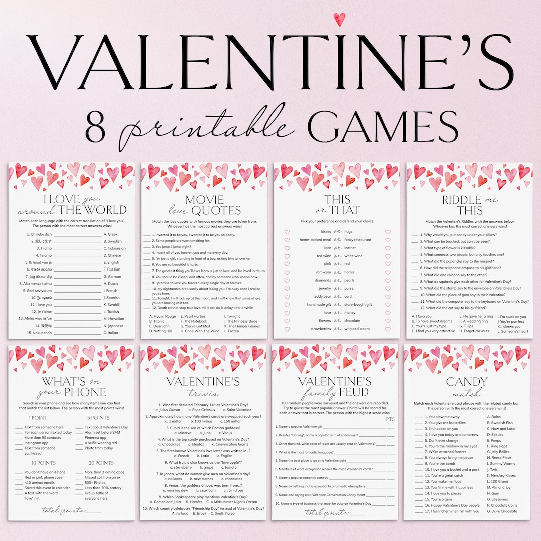 Pink Heart Valentines Day Games Printable Adult Valentines Party Games ...
