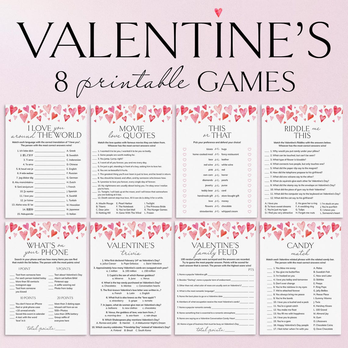 Pink Heart Valentines Day Games Printable Adult Valentines Party Games ...