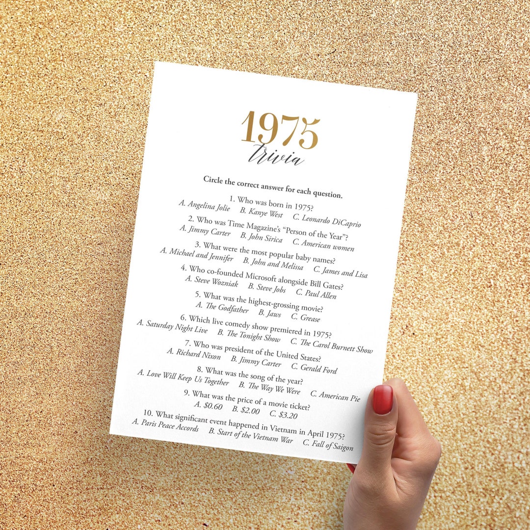 1975 Trivia Quiz Printable Gold 50th Birthday Game Born in 1975 Over ...