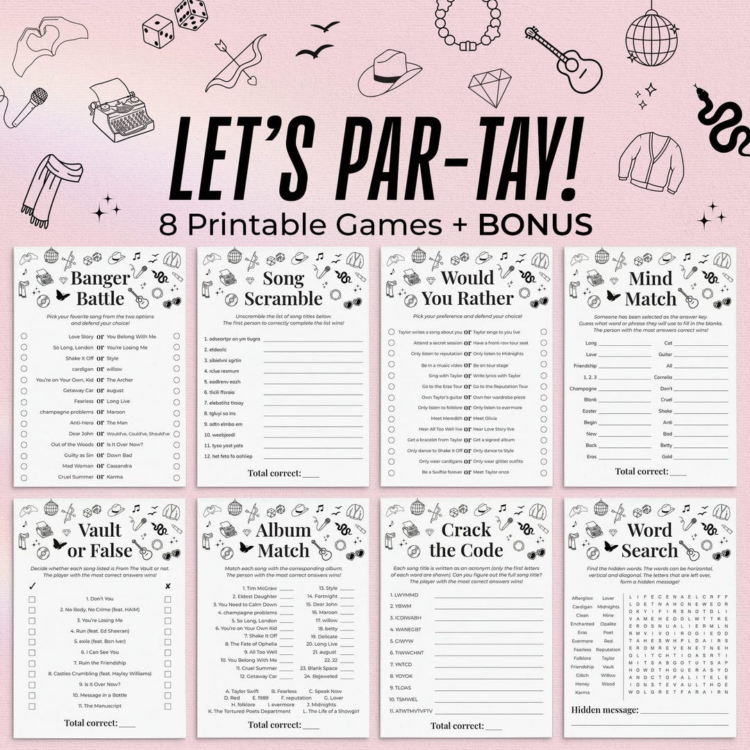 Let's Par-tay Games Printable Eras Birthday Party Girls Sleepover Games ...