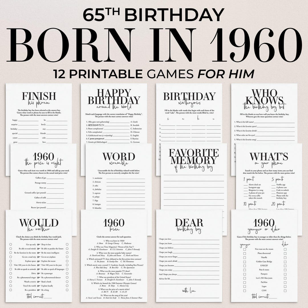 65th Birthday Games for Him 65th Birthday Party Games Turning 65 Born ...