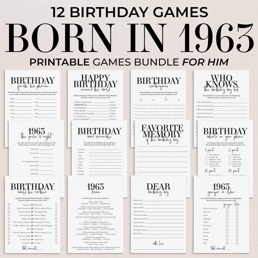 1963 Birthday Games for Men 62nd Birthday Party Games for Him Printable ...