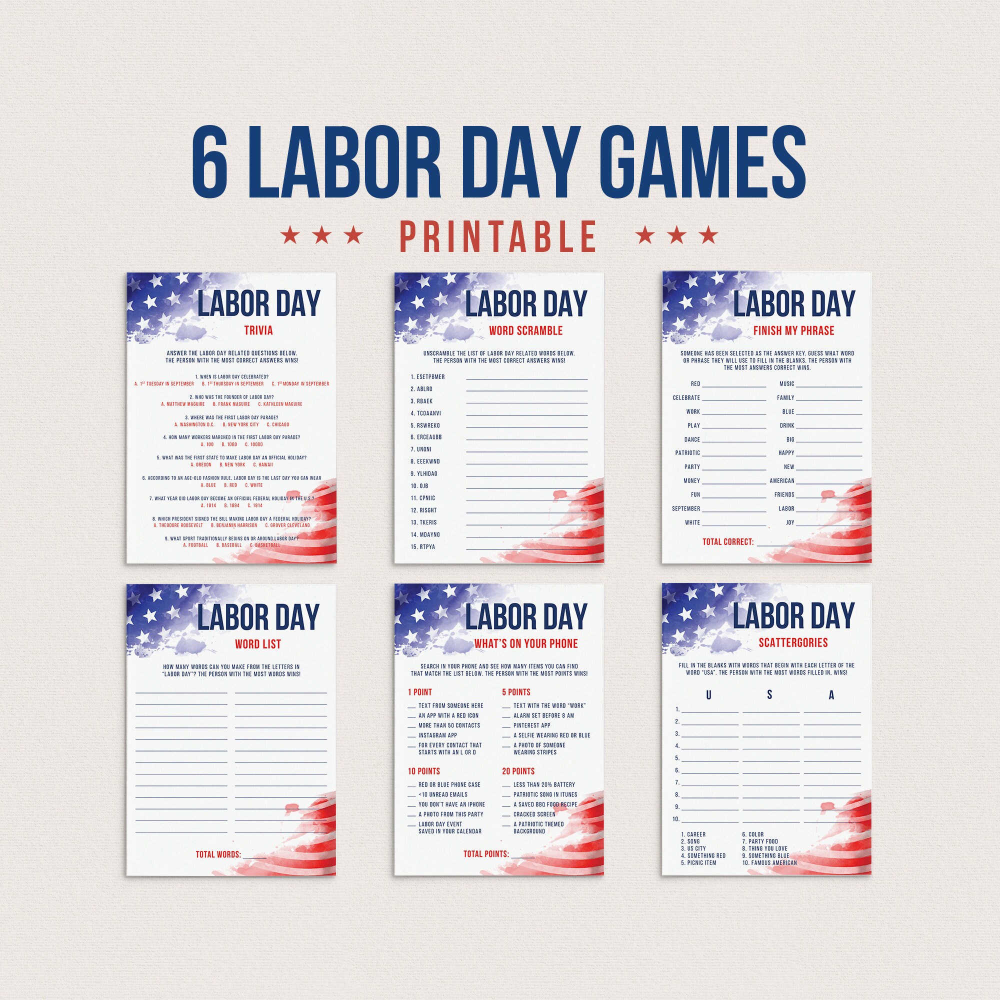 Labor Day Games Bundle Printable Labor Day Party Kit Patriotic - Etsy