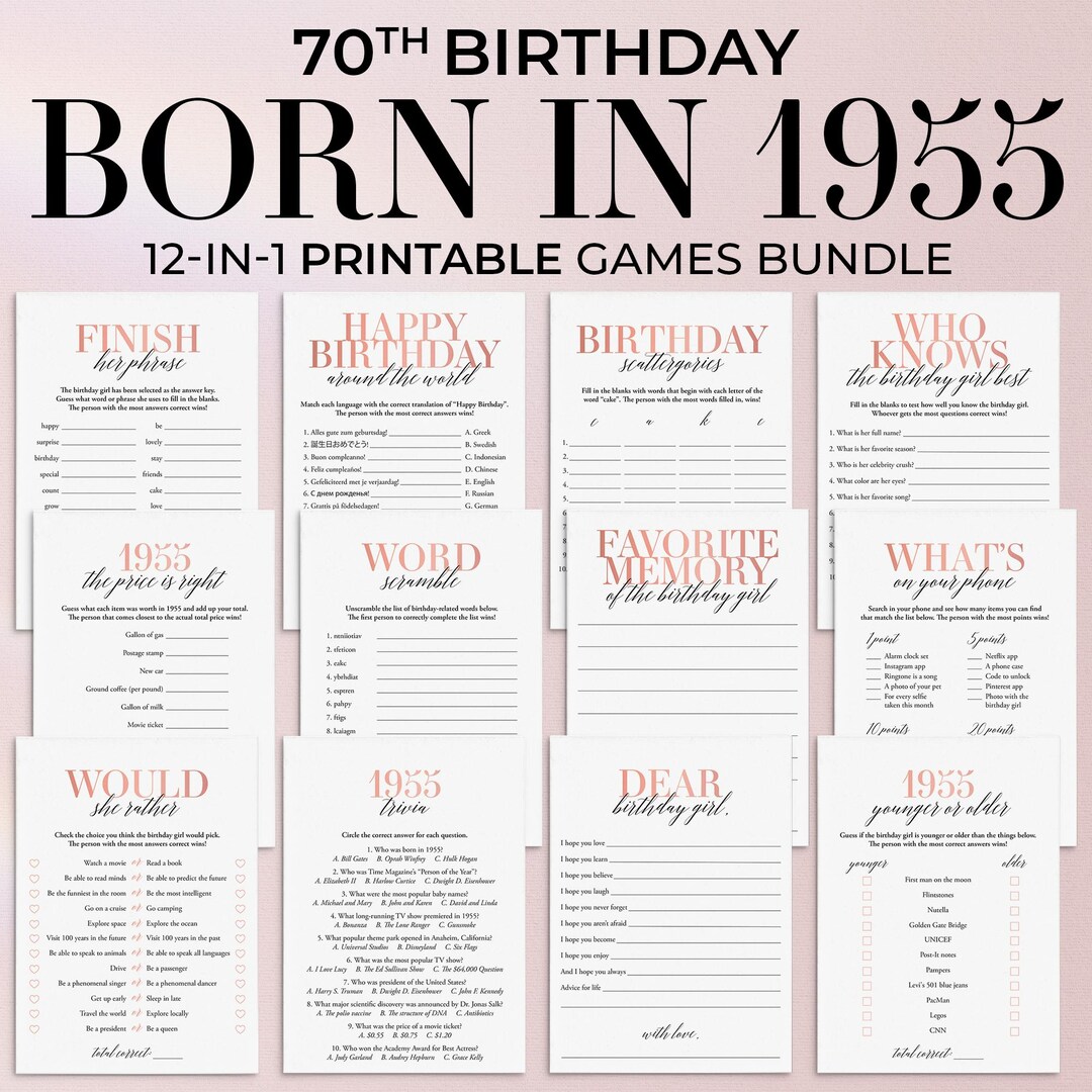 70th Birthday Games for Woman Born in 1955 Birthday Turning 70 Party Games for Her Printable Mom ...