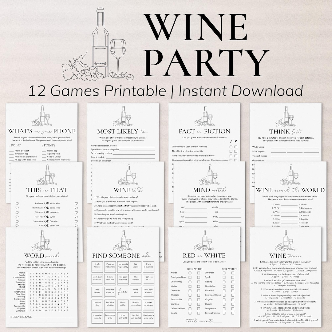 Wine Party Games Bundle Printable Wine Tasting Party Wine Games Wine ...