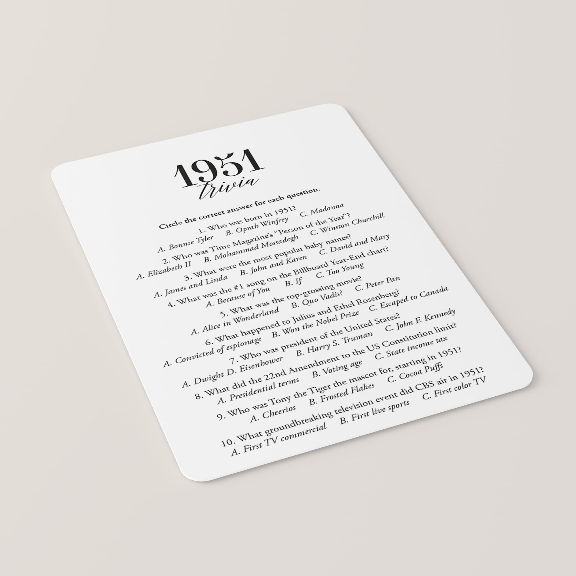 1951 Trivia Printable 75th Birthday Game Born in 1951 Quiz 75th ...