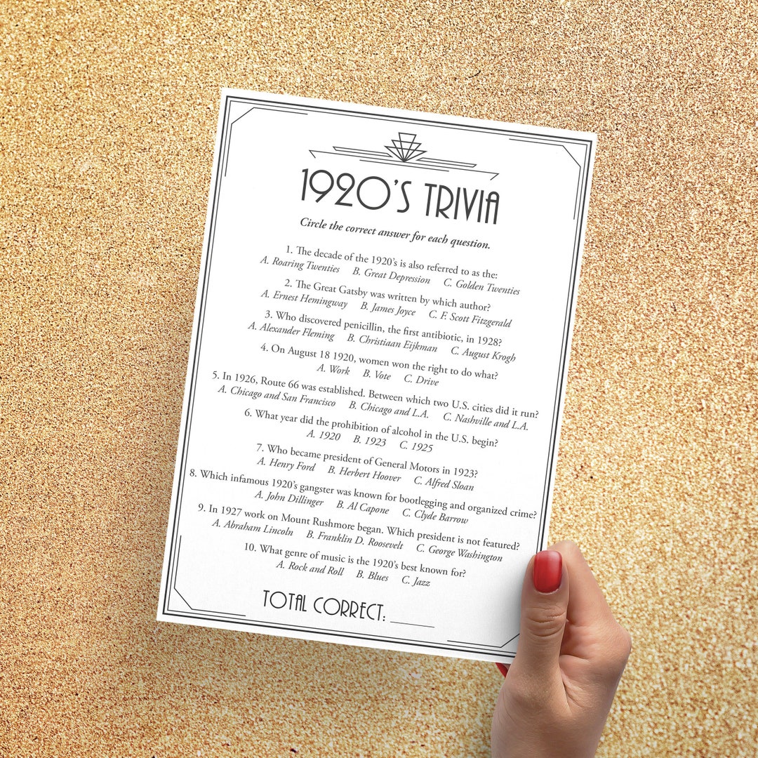 1920s Trivia Printable 1920's Gatsby Party Game Speakeasy Party Decor ...