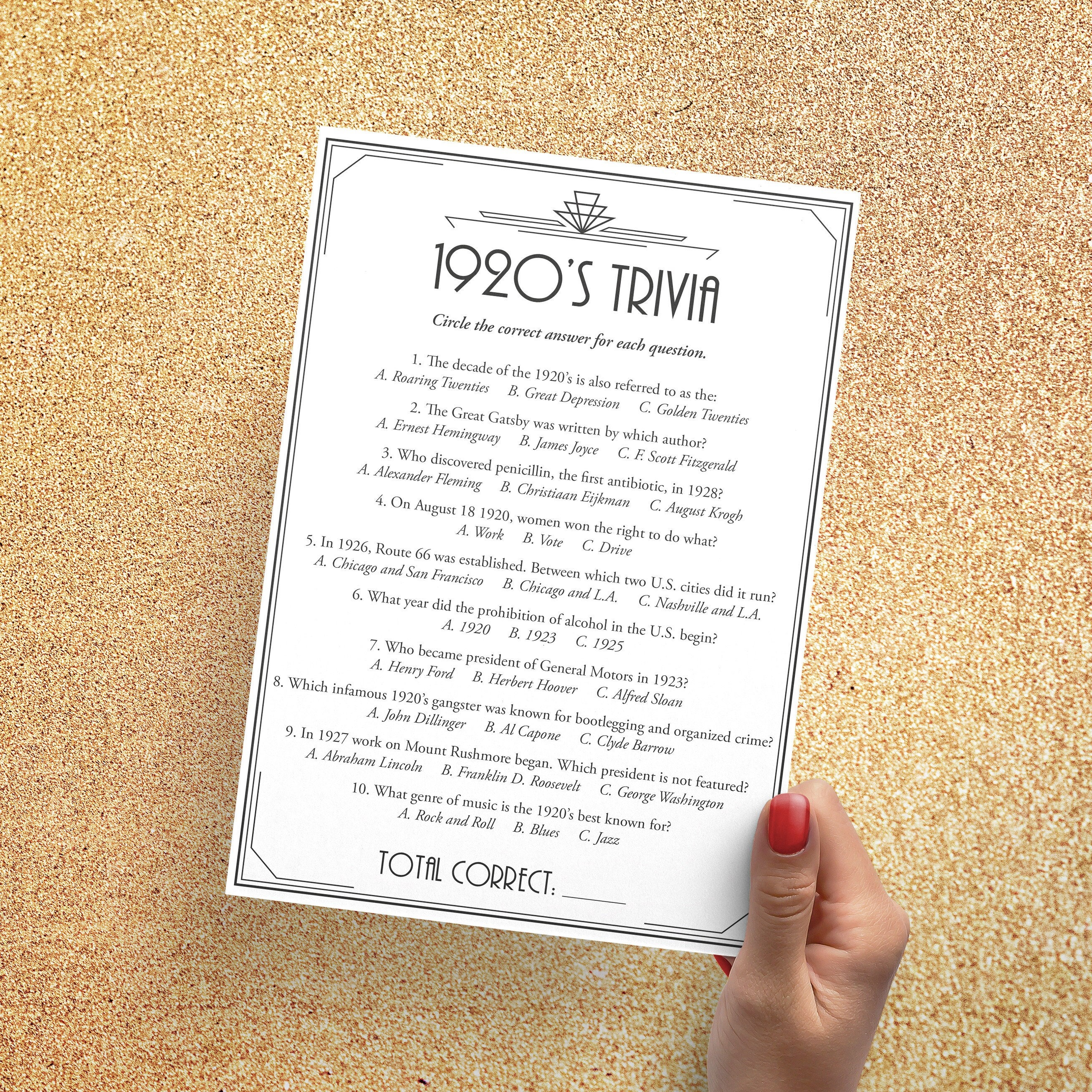 1920s Trivia Printable 1920's Gatsby Party Game Speakeasy Party Decor ...