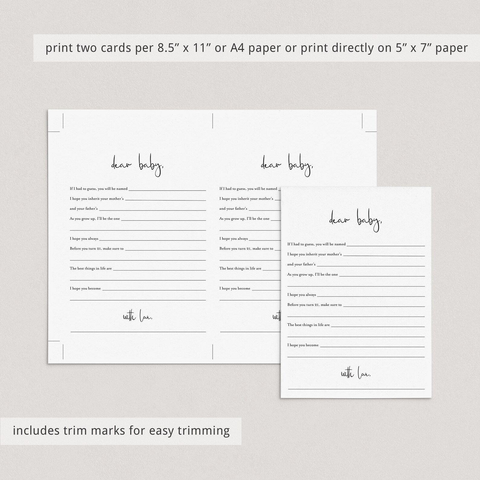 Dear Baby Printable Wishes for Baby Minimalist Dear Baby Cards Instant ...