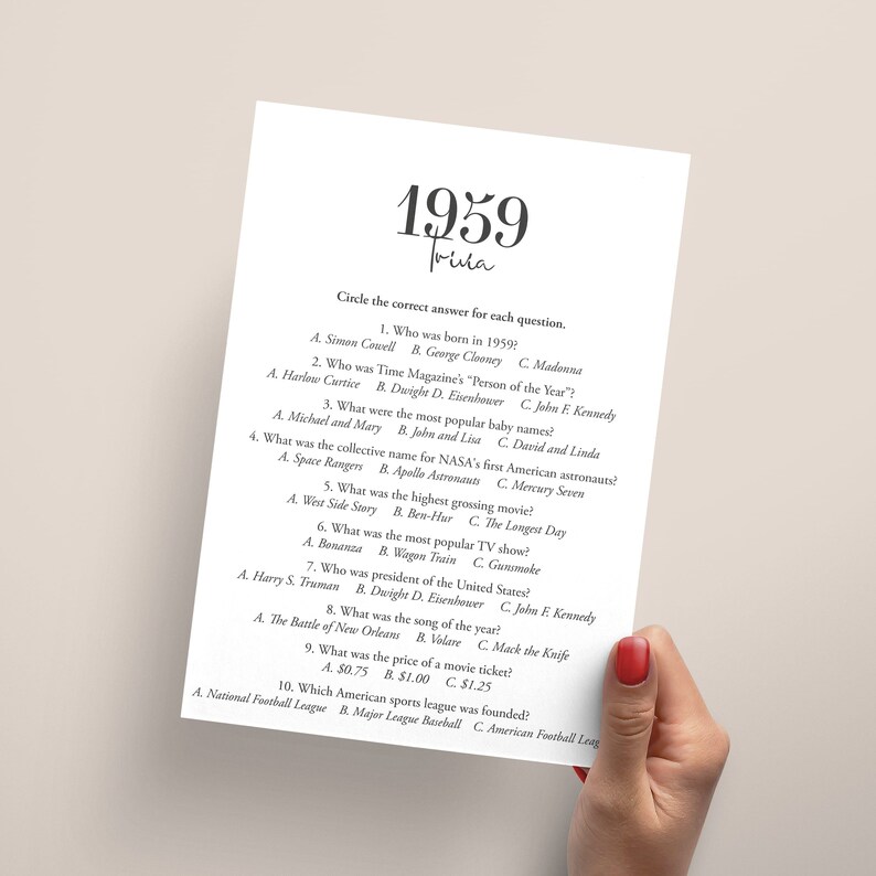 1959 Trivia Printable Back in 1959 66th Birthday Game Born in 1959 Quiz ...