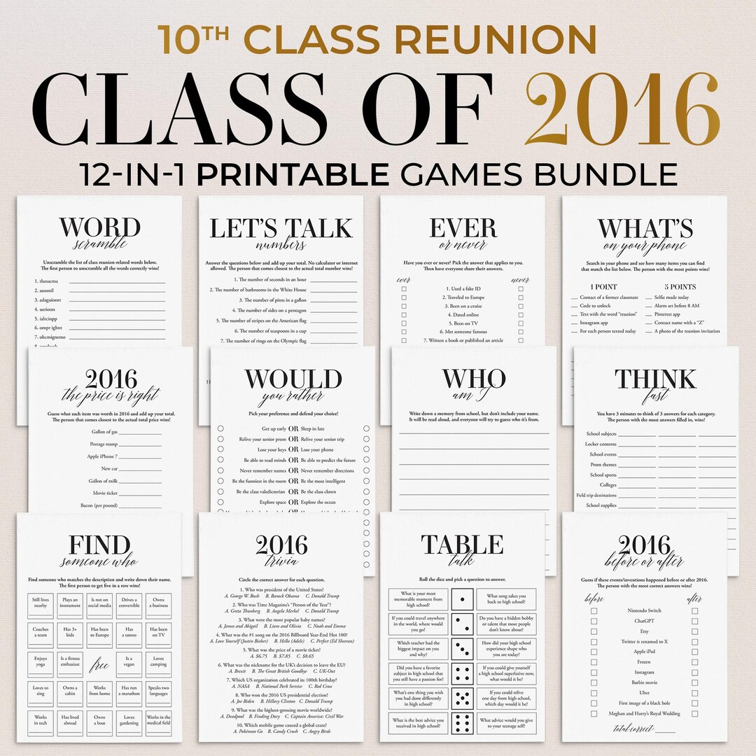 10th Class Reunion Games Printable Class of 2016 Reunion Party Games ...
