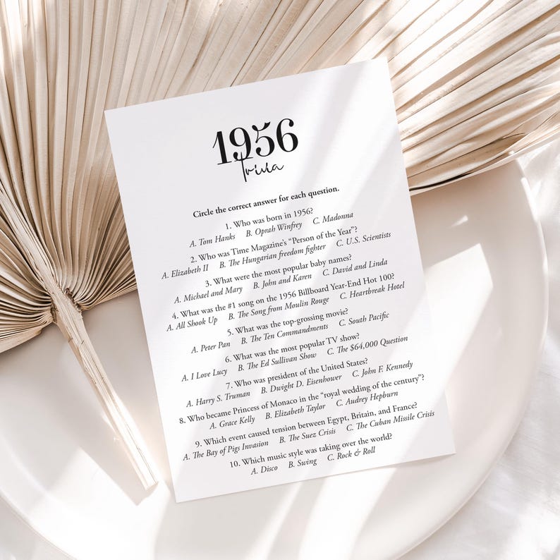 1956 Trivia Printable 70th Birthday Game Born in 1956 Quiz 70 Birthday ...