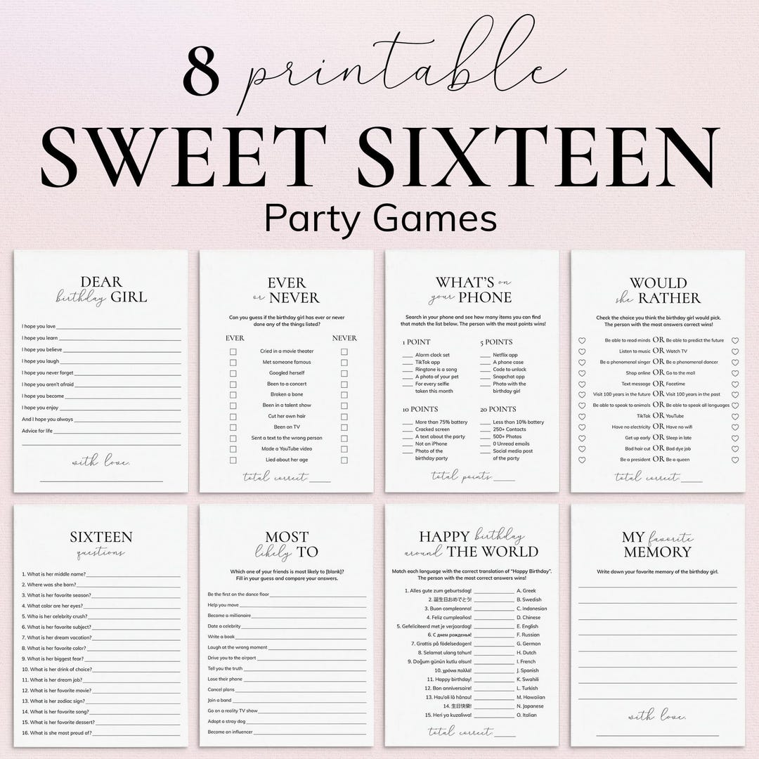 Sweet 16 Games Printable Sweet Sixteen Birthday Party Games 16th ...