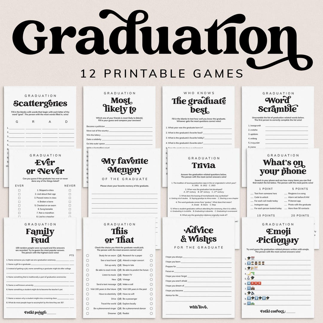 Graduation Games Bundle Printable 2025 Grad Party Games Modern Black ...
