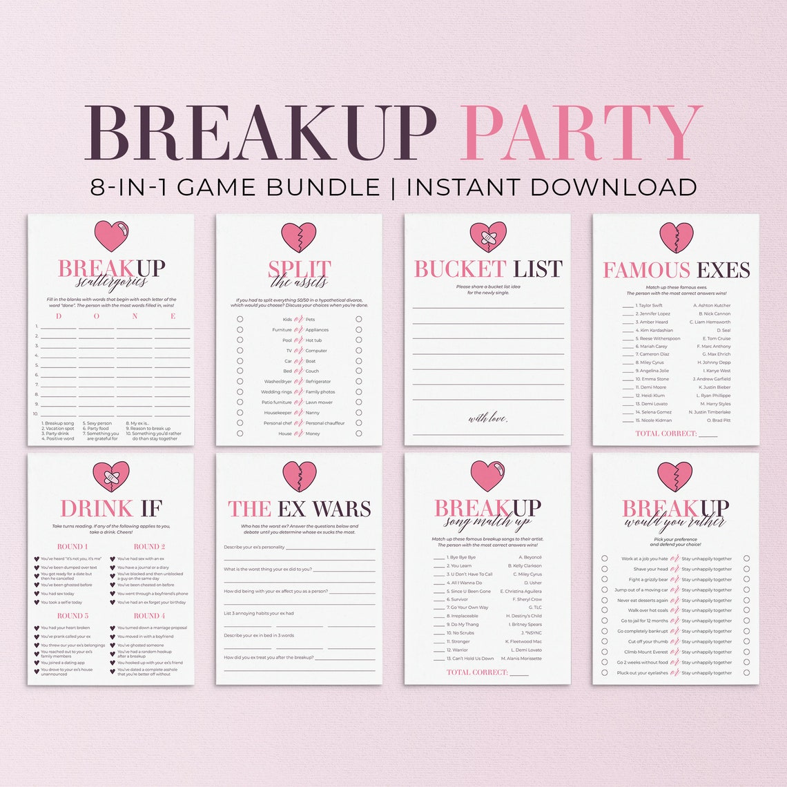 Breakup Party Games Bundle Printable Breakup Games Divorce - Etsy