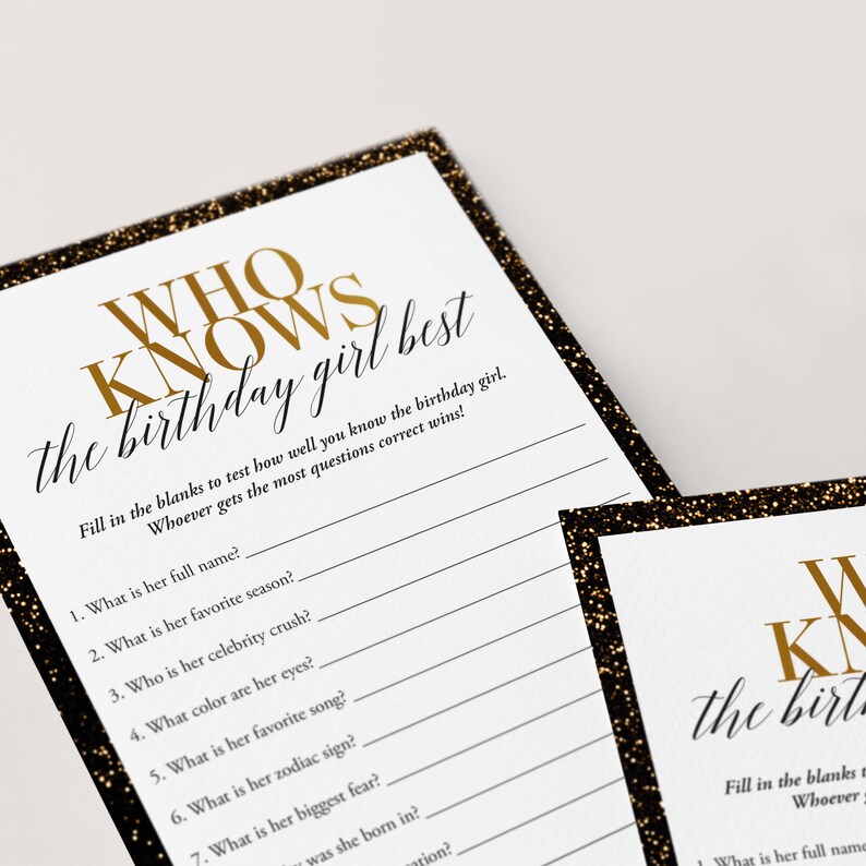 Black and Gold Birthday Party Games for Women Printable Gold Confetti ...