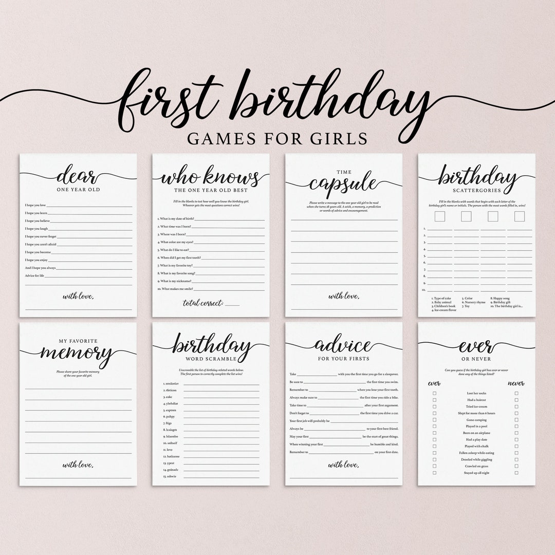 1st Birthday Games Printable Girl First Birthday Activities Calligraphy ...